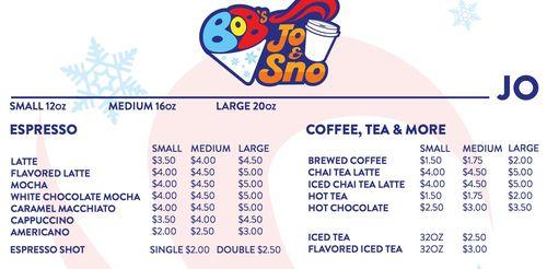 Bob's Jo and Sno menu in Stratton, Colorado, USA