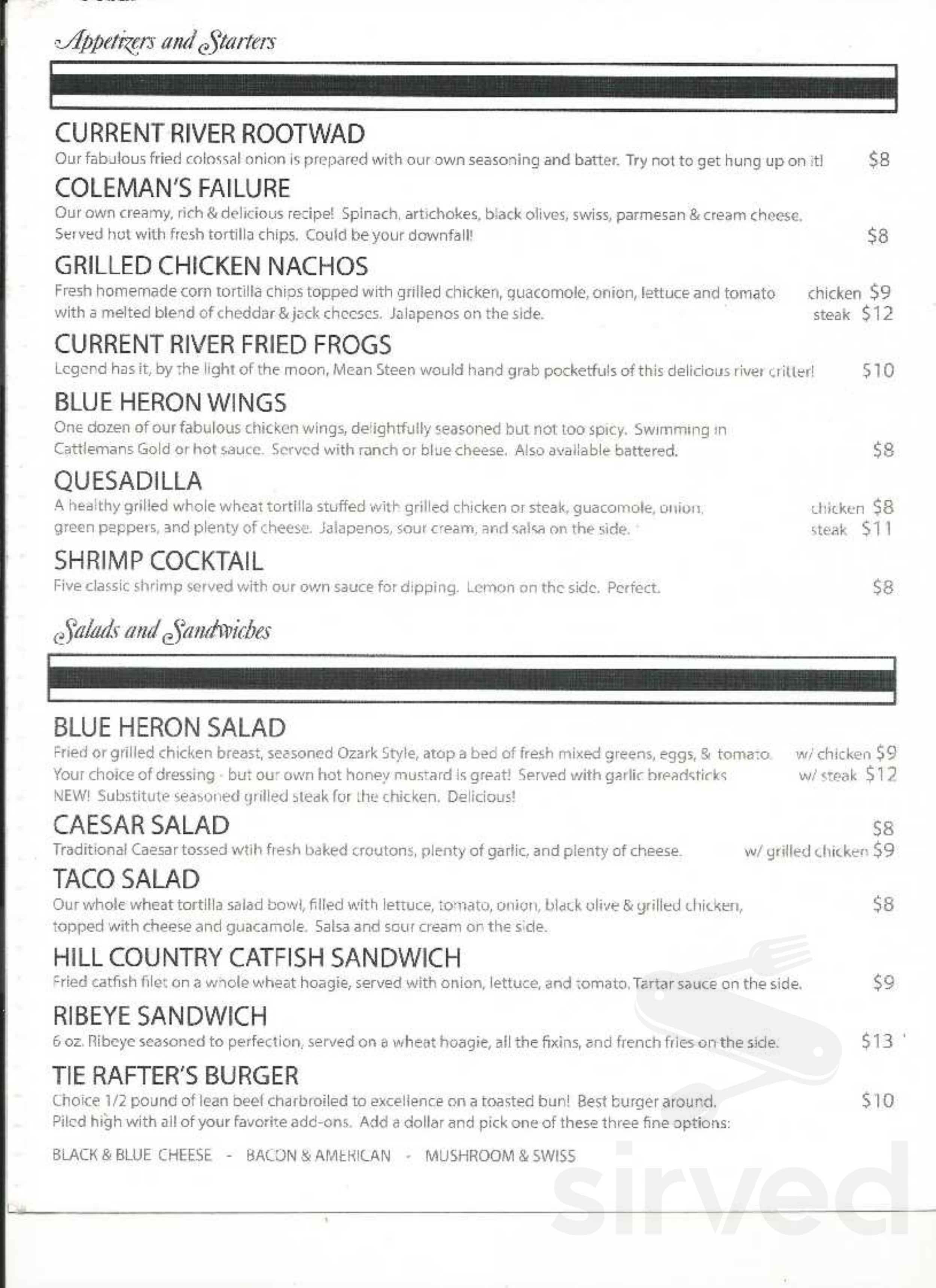 The Blue Heron Restaurant at The Landing menu in Van Buren, Missouri, USA
