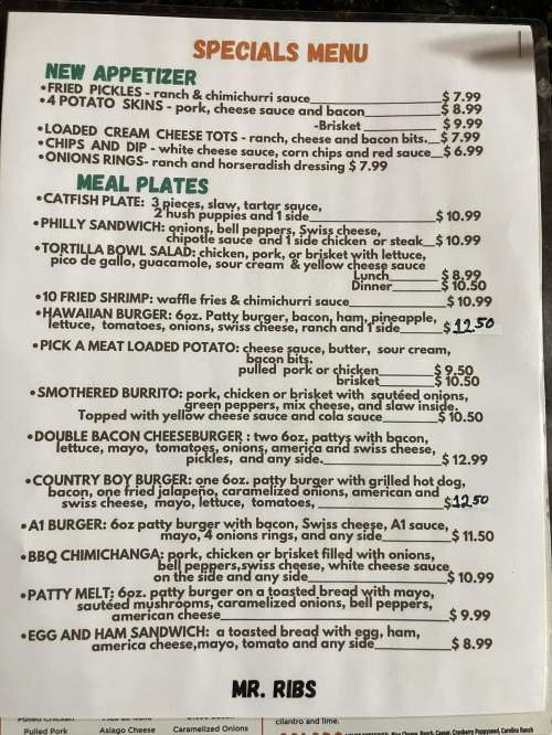 Mr. Ribs menu in Iuka, Mississippi, USA