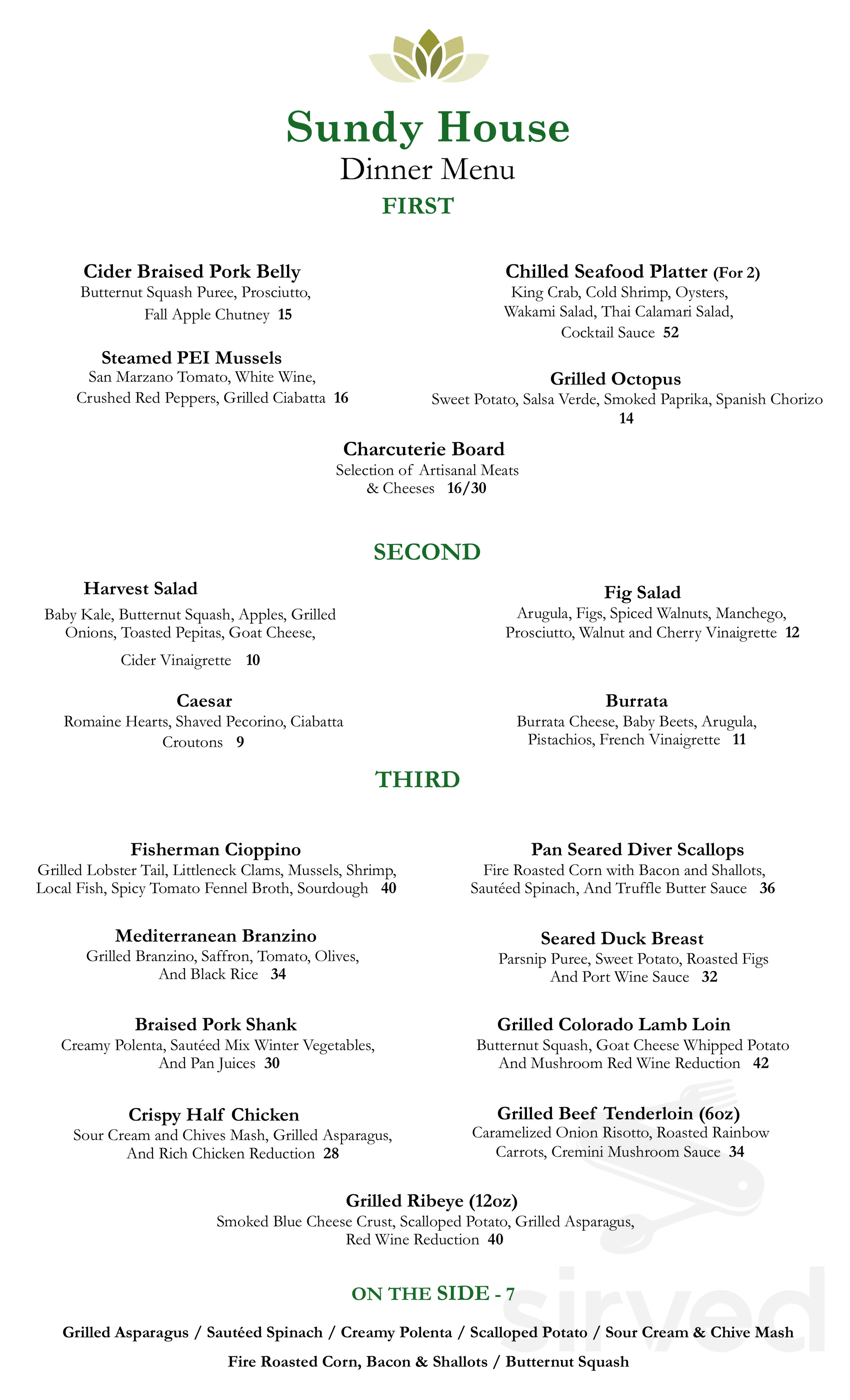 Sundy House menu in Delray Beach, Florida, USA