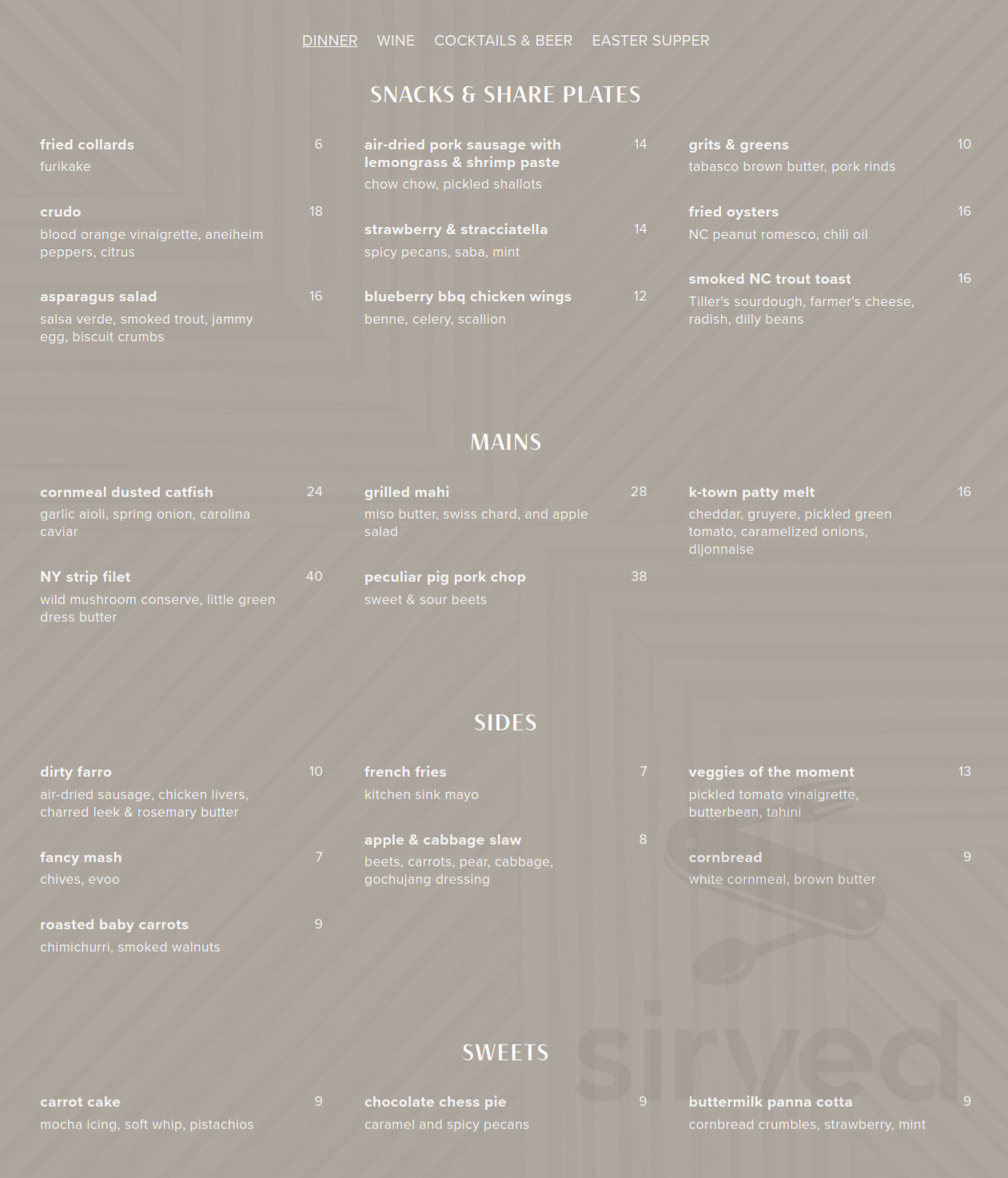 Lenoir menu in Charleston, South Carolina, USA
