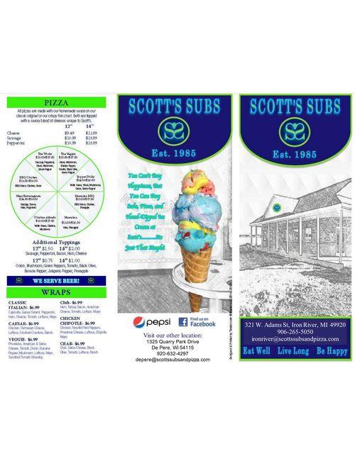 Scott's Subs menu in Iron River, Michigan, USA