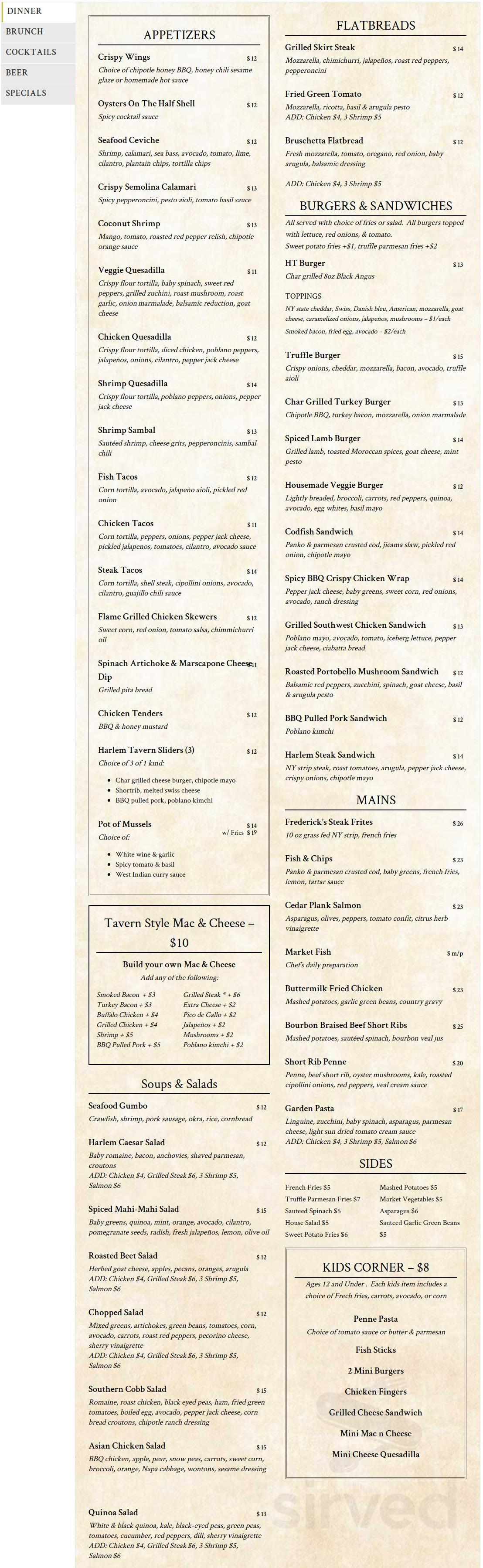 Menu - New York NY's Harlem Tavern | Sirved