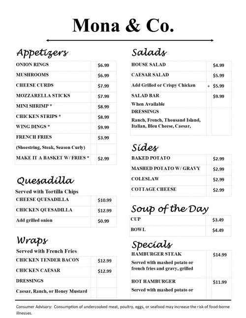 Mona & Co Restaurant menu in Manistique, Michigan, USA
