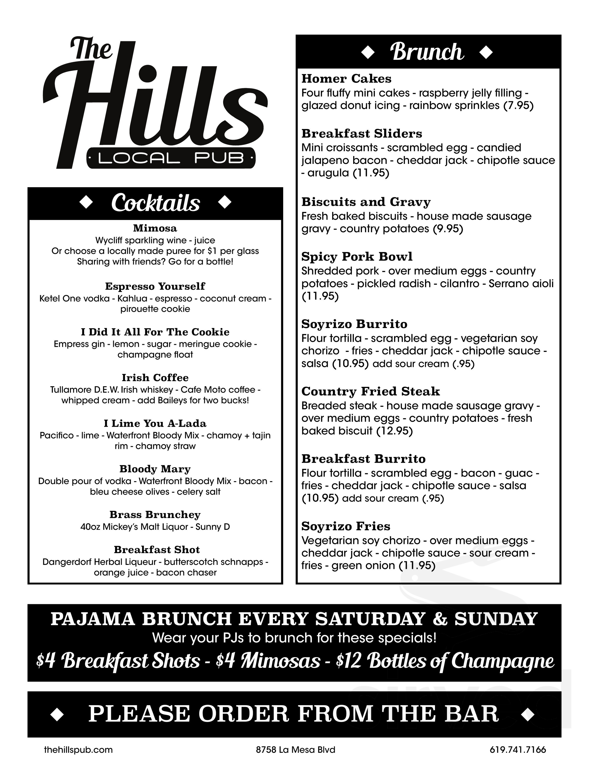 The Hills Pub menu in La Mesa, California, USA