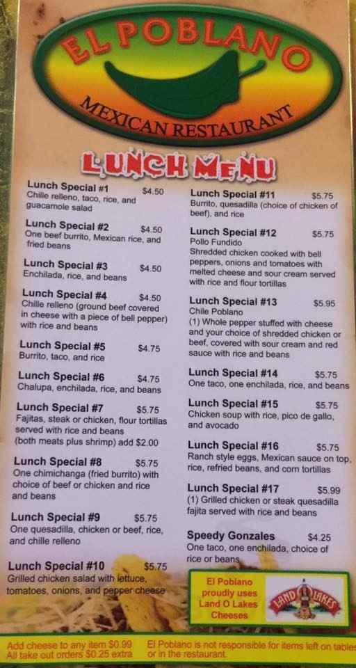 El Poblano Mexican Restaurant menus in Union, South Carolina, United States