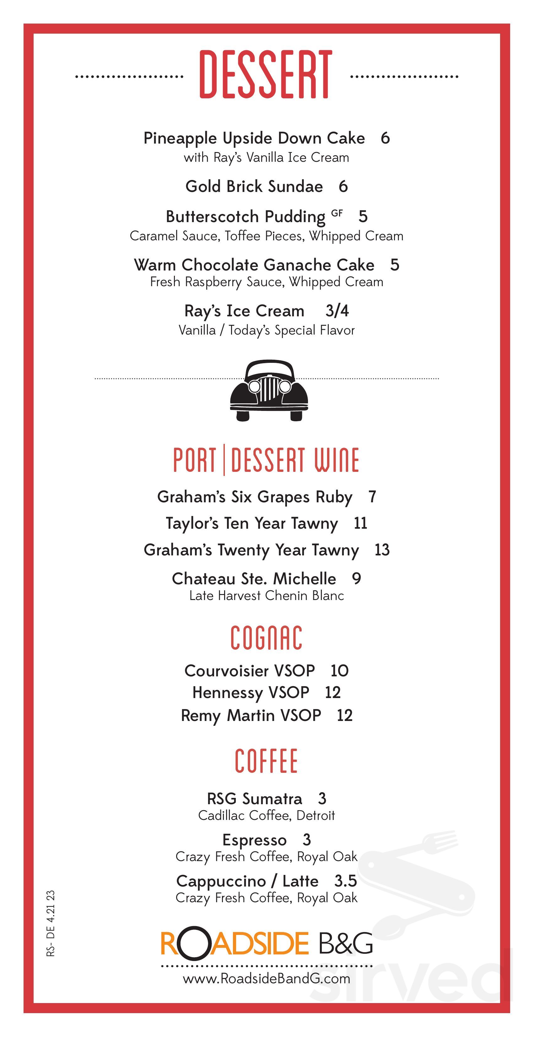 Menu - Bloomfield Hills MI's Roadside B&G | Sirved