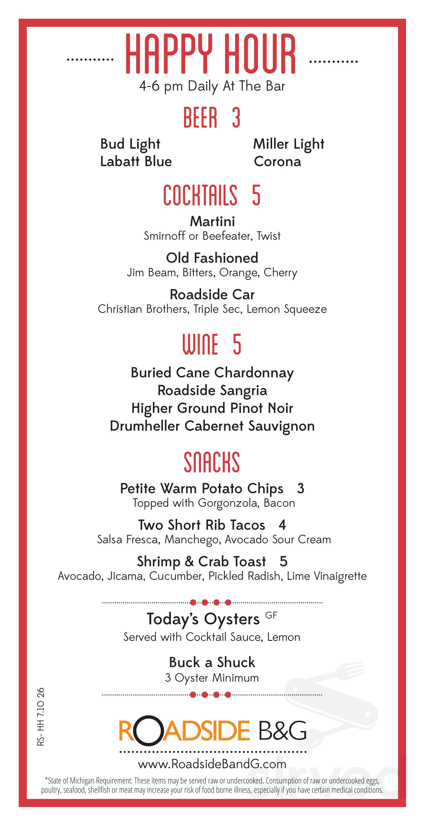 Menu - Bloomfield Hills MI's Roadside B&G | Sirved