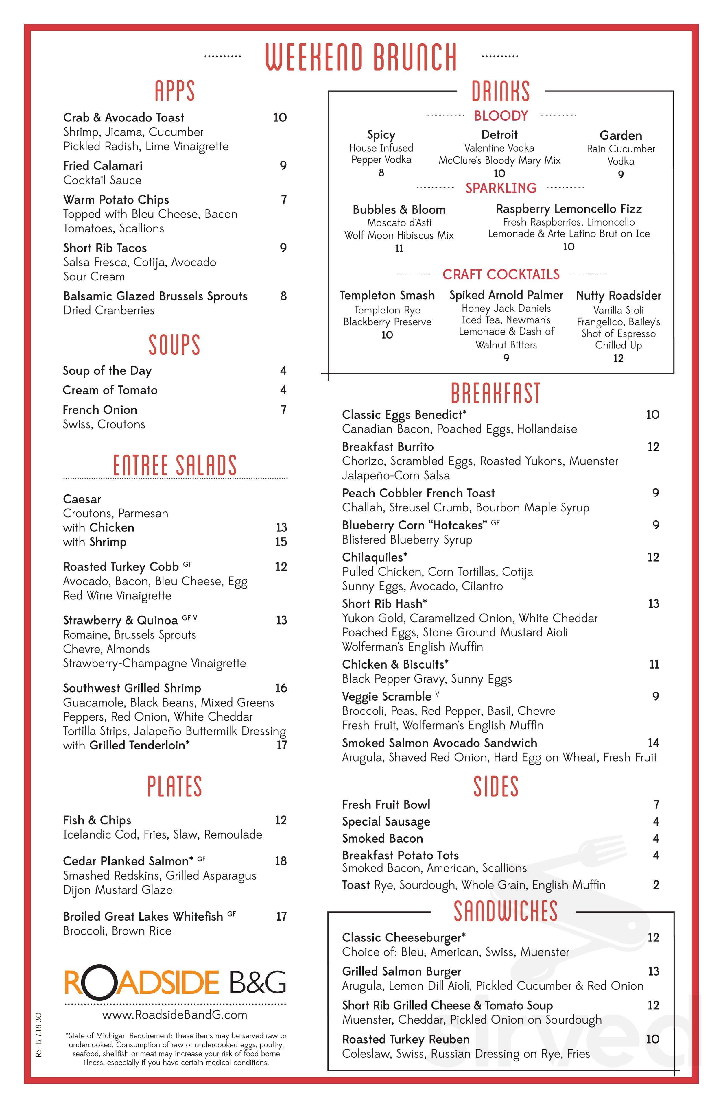 Menu - Bloomfield Hills MI's Roadside B&G | Sirved