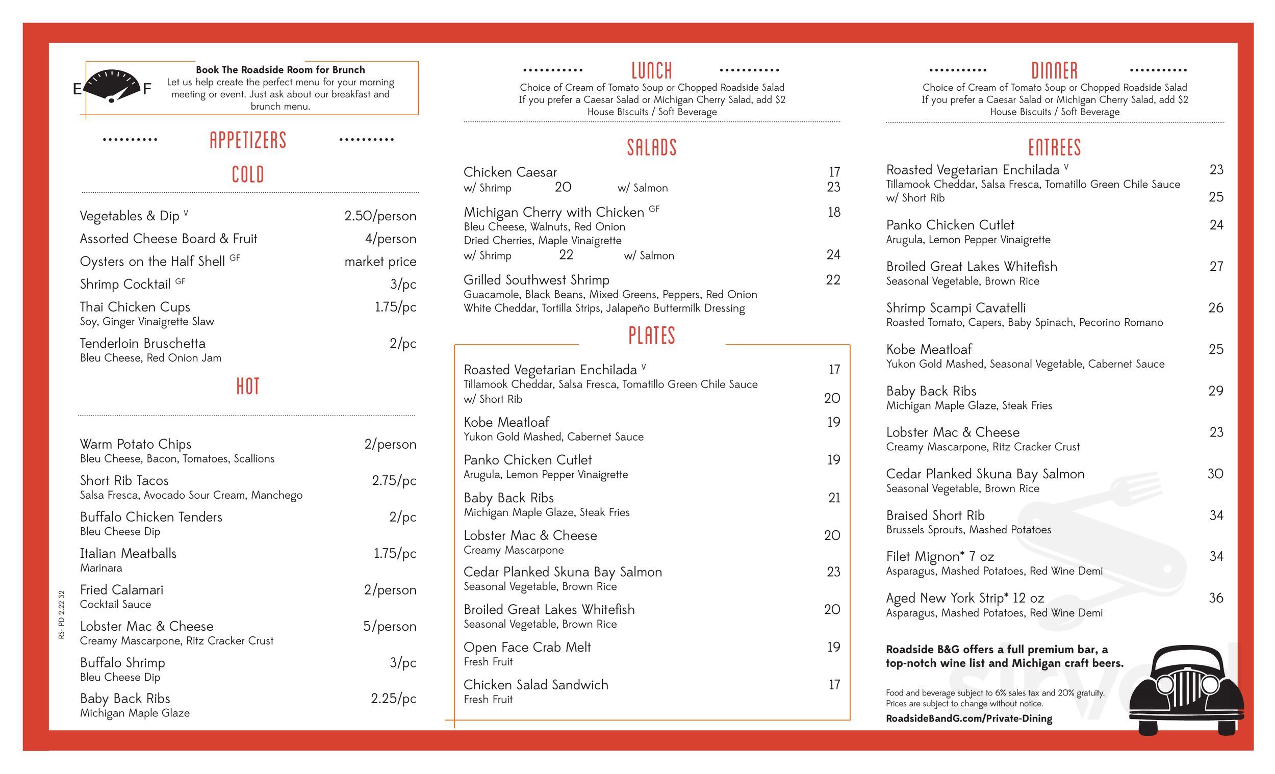 Menu - Bloomfield Hills MI's Roadside B&G | Sirved
