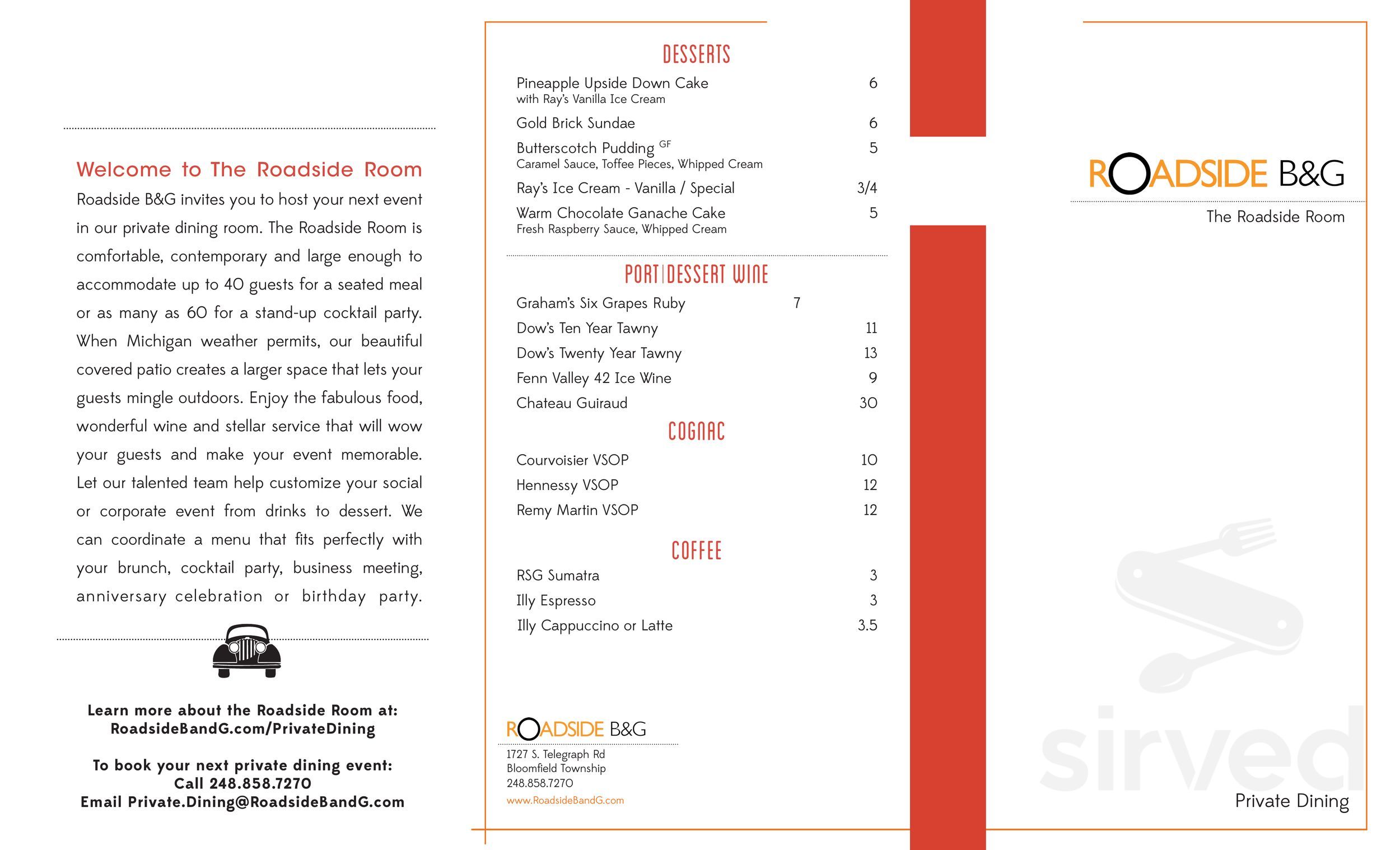 Menu - Bloomfield Hills MI's Roadside B&G | Sirved