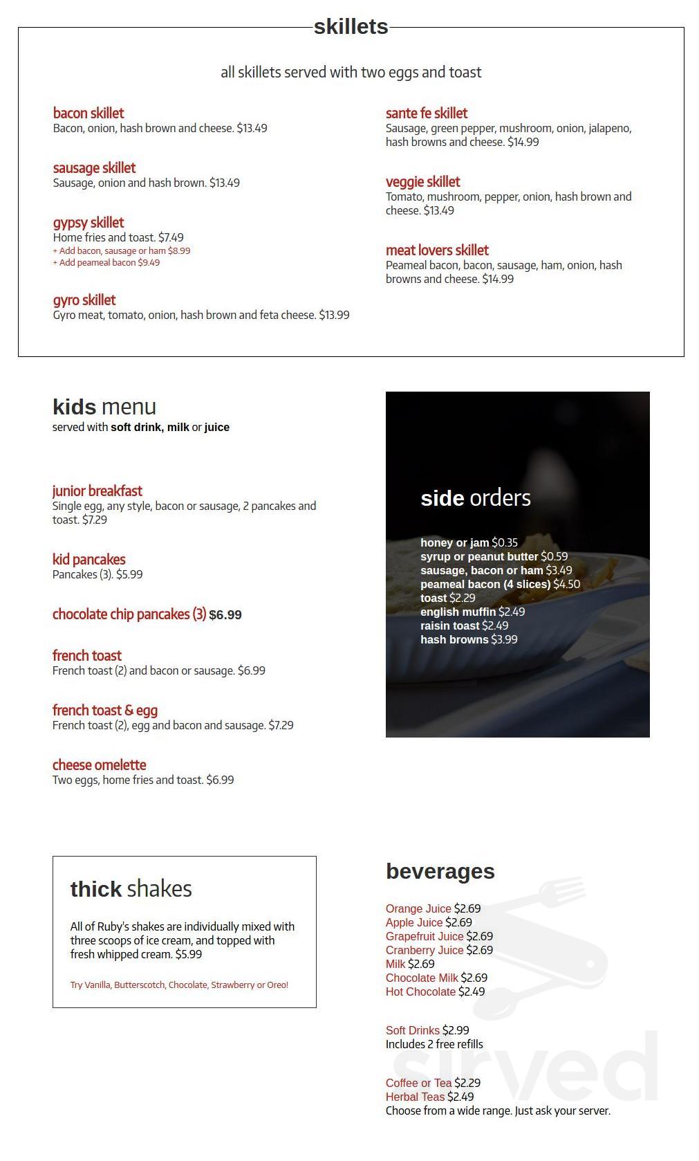 Ruby's Cookhouse menus in Aylmer, Ontario, Canada