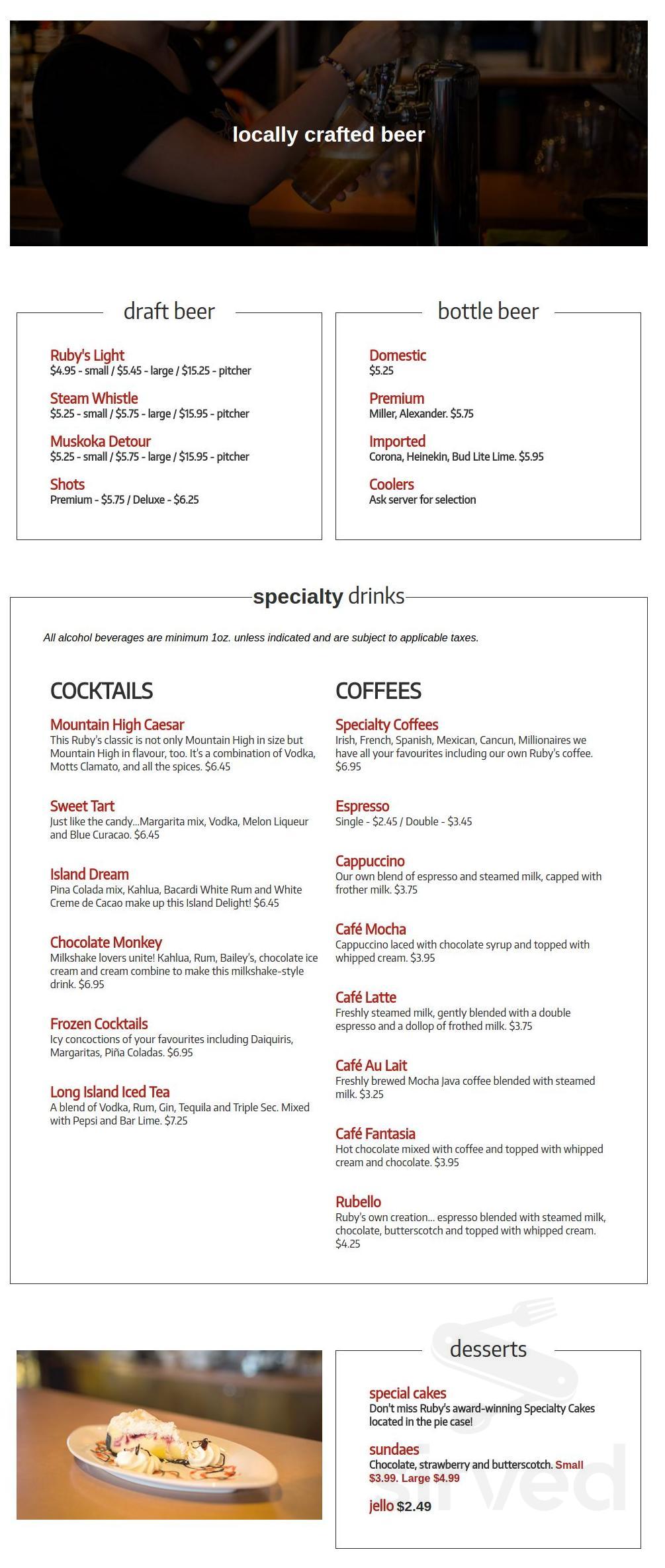 Ruby's Cookhouse menu in Aylmer, Ontario, Canada
