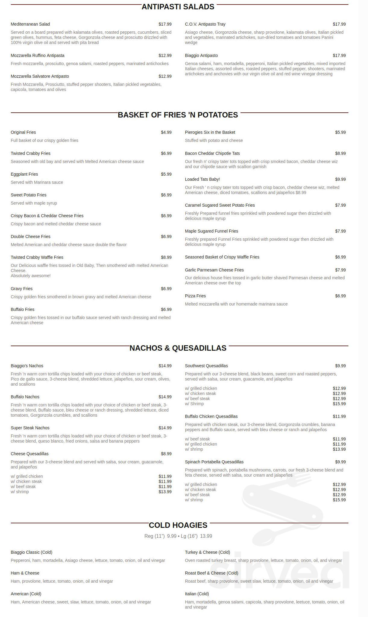 Biaggio Pizzeria & Family Restaurant menu in Allentown, Pennsylvania, USA