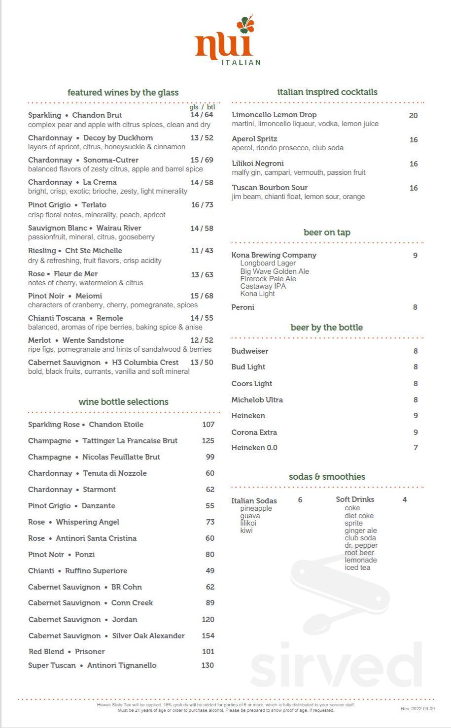 Nui Italian menu in Waikoloa Village, Hawaii, USA