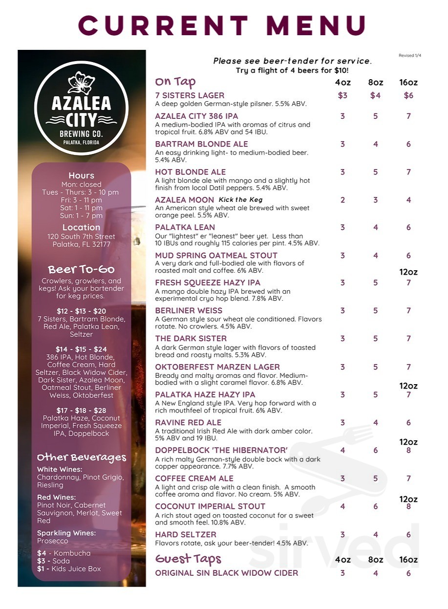 Azalea City Brewing Co. menu in Palatka, Florida, USA