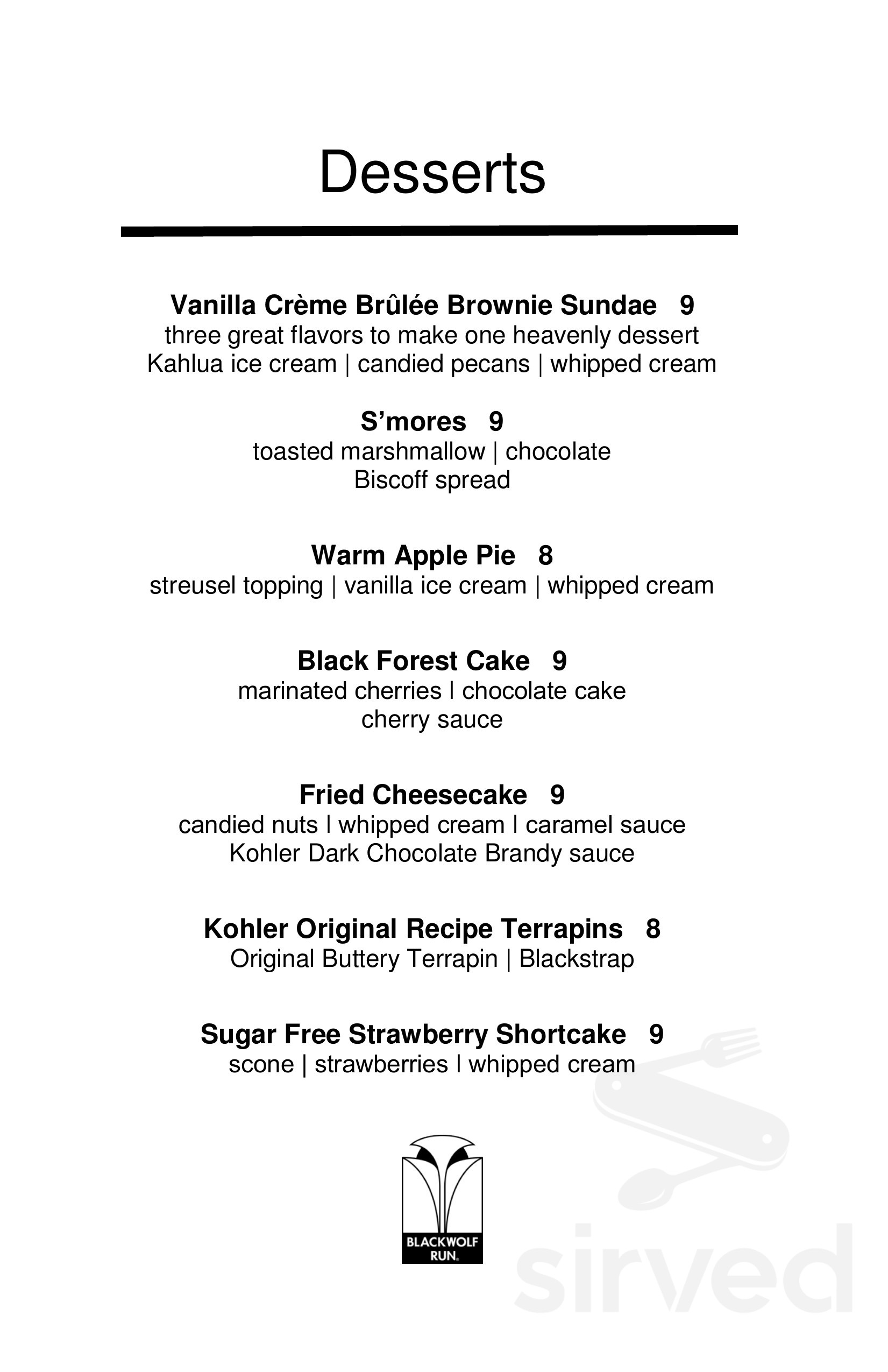 Blackwolf Run Restaurant menu in Kohler, Wisconsin, USA