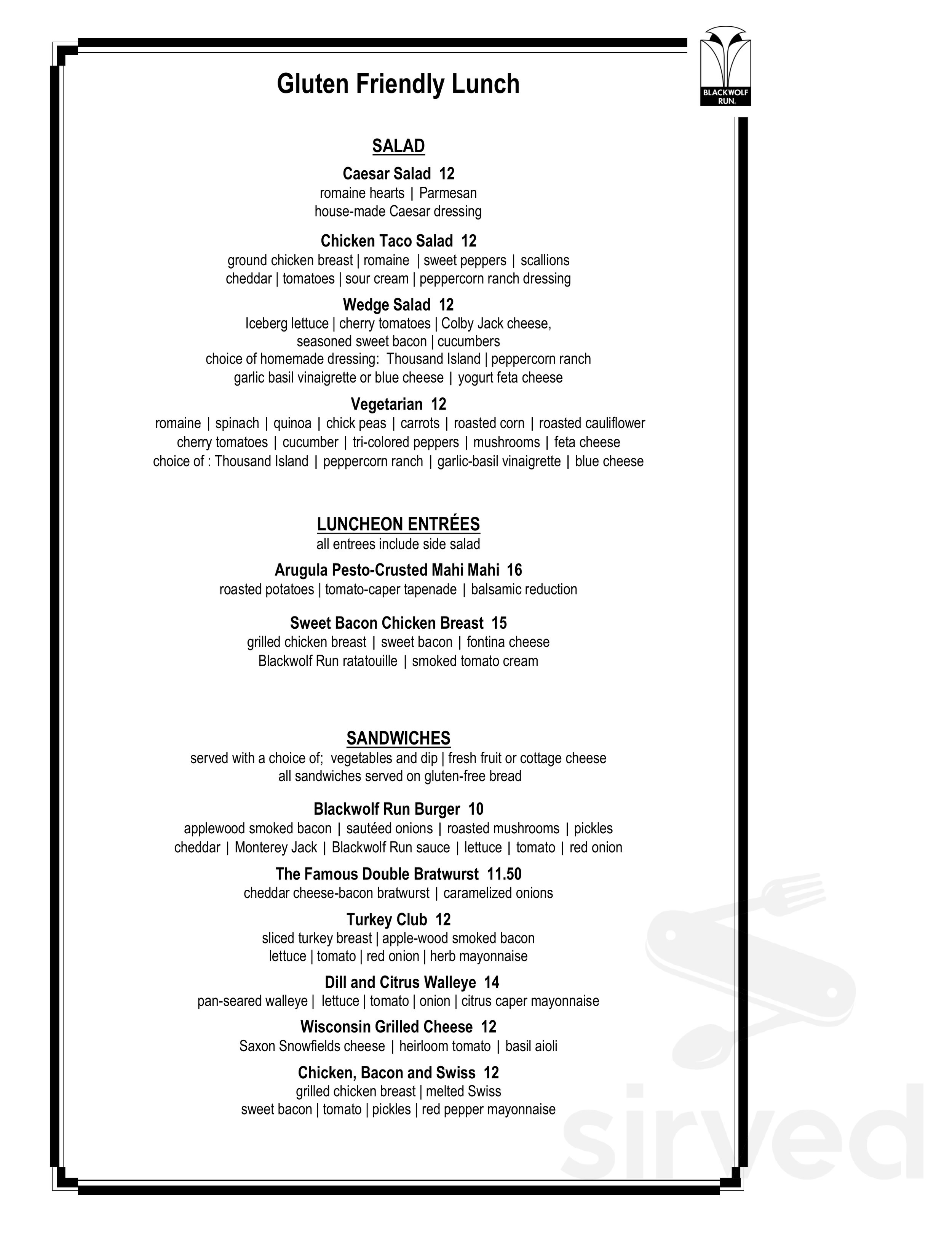Blackwolf Run Restaurant menu in Kohler, Wisconsin, USA