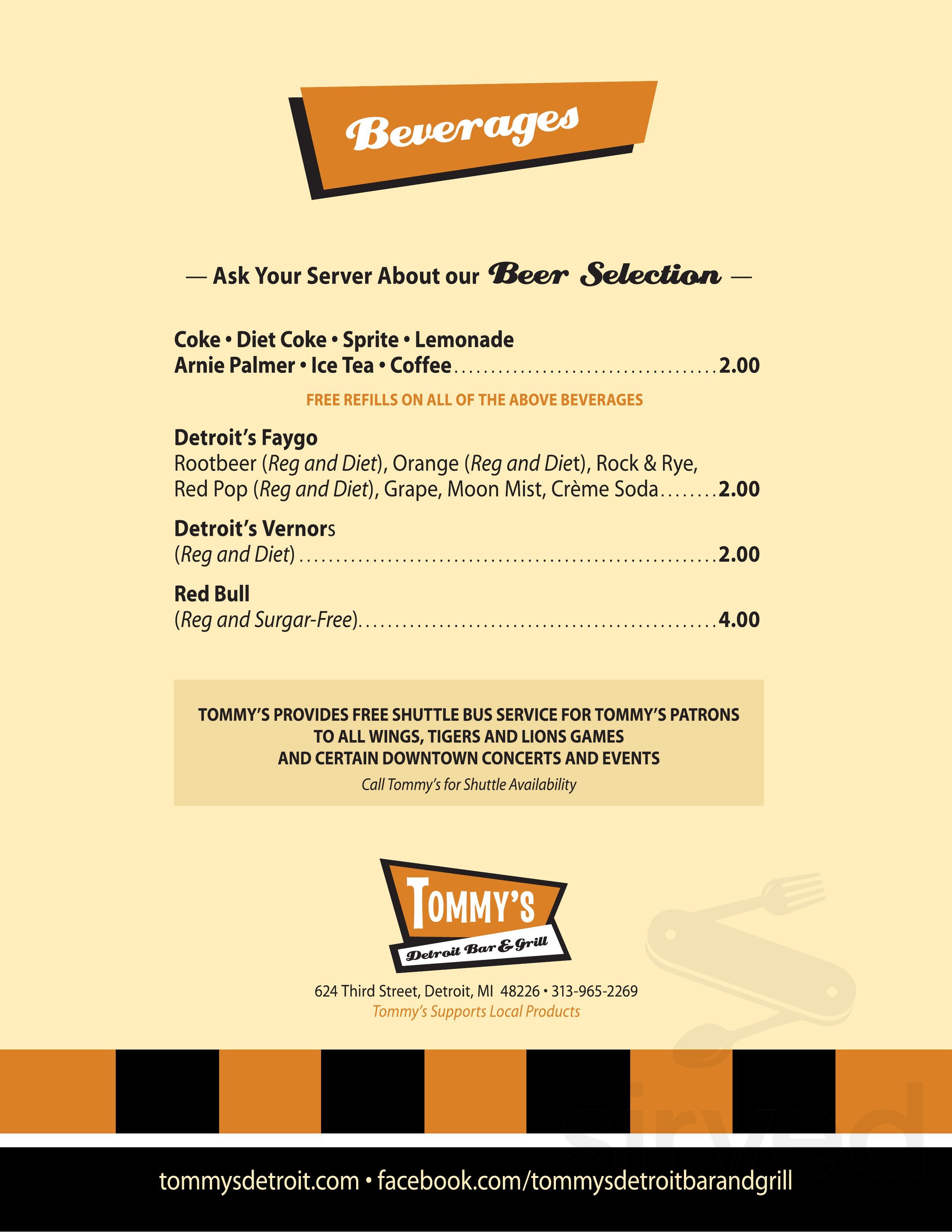 Tommy's Detroit Bar & Grill menu in Detroit, Michigan, USA