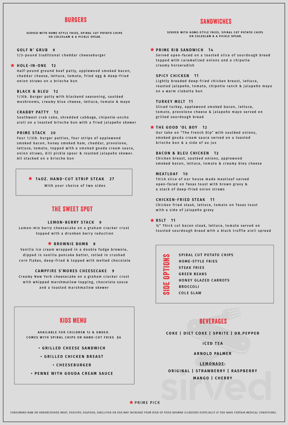 Prime On The Nine menu in Dodge City, Kansas, USA