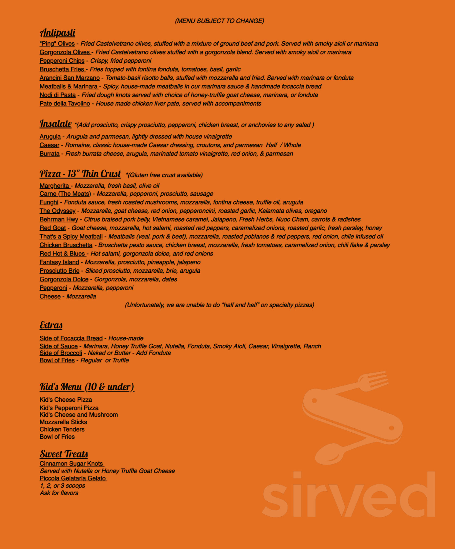 Tavolino Pizza & Lounge menu in New Orleans, Louisiana, USA