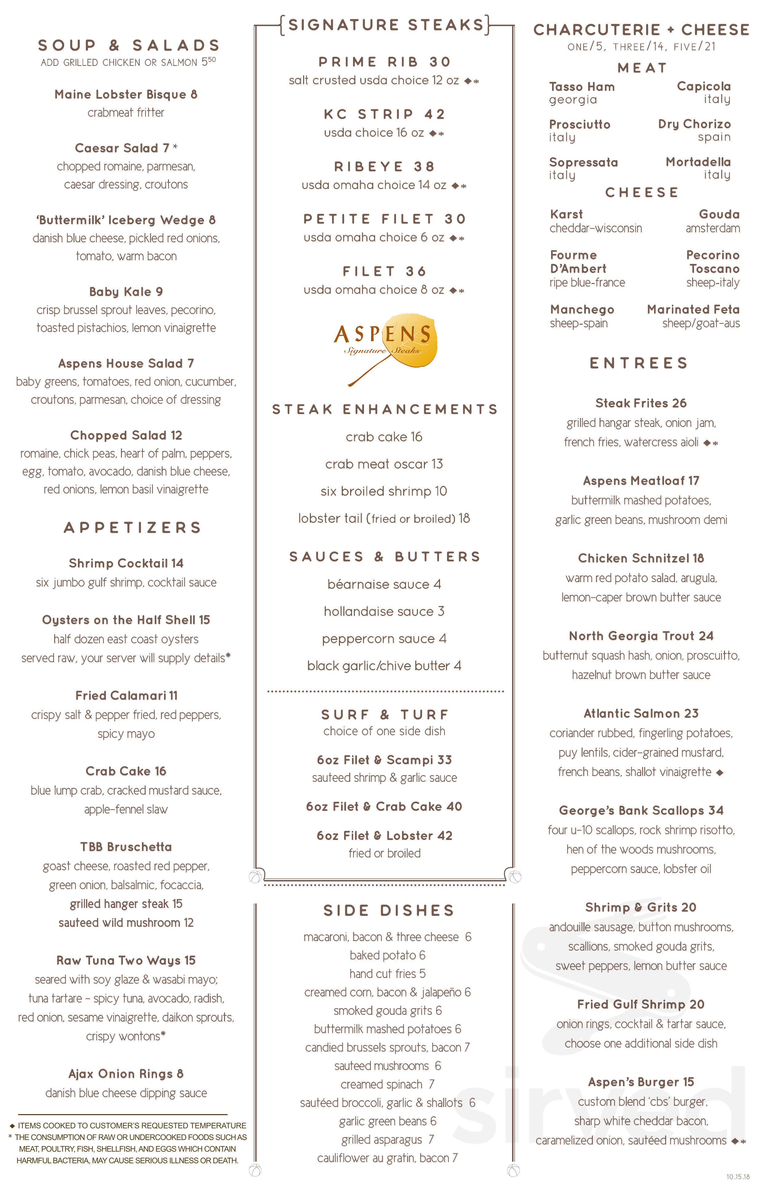 Aspens menu in Marietta, Georgia, USA