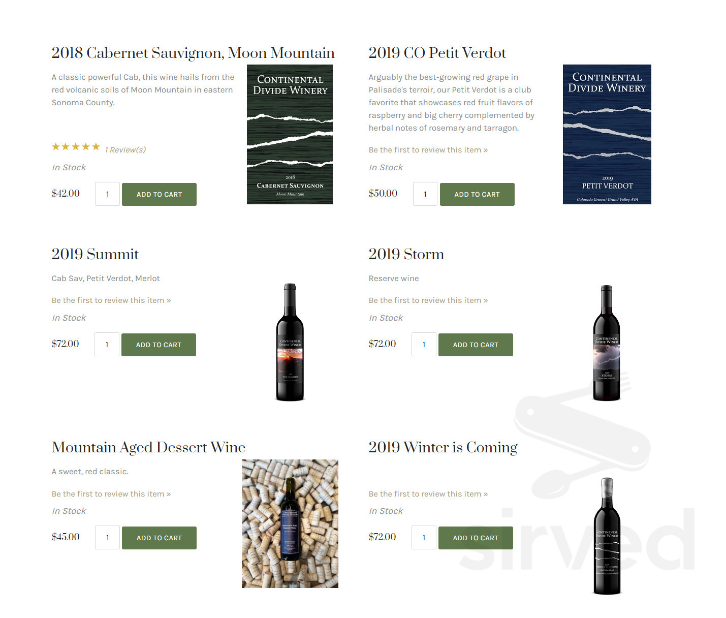 Continental Divide Winery menu in Breckenridge, Colorado, USA