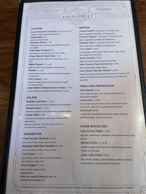Amen Street Fish & Raw Bar menu in Charleston, South Carolina, USA