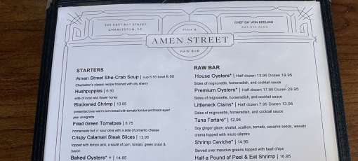 Menu for Amen Street Fish & Raw Bar in Charleston, SC | Sirved