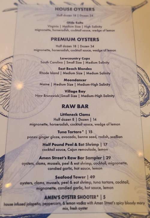 Amen Street Fish & Raw Bar menu in Charleston, South Carolina, USA