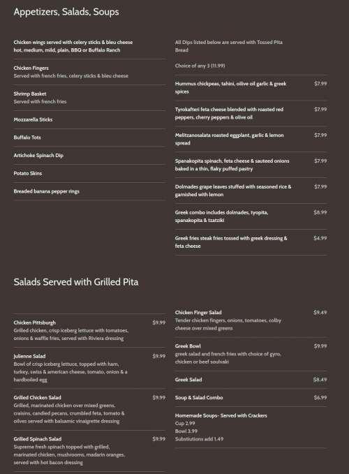 Demetri's On the Lake menu in Dunkirk, New York, USA