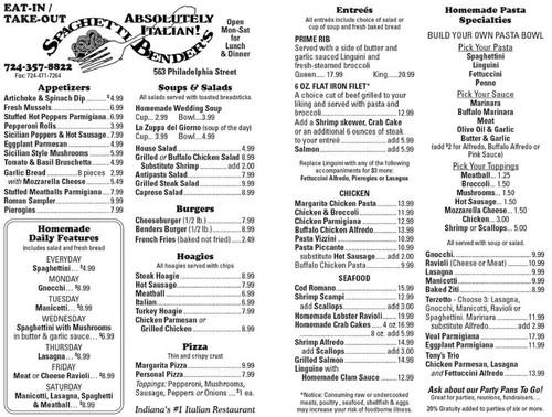 Spaghetti Bender's menu in Indiana, Pennsylvania, USA