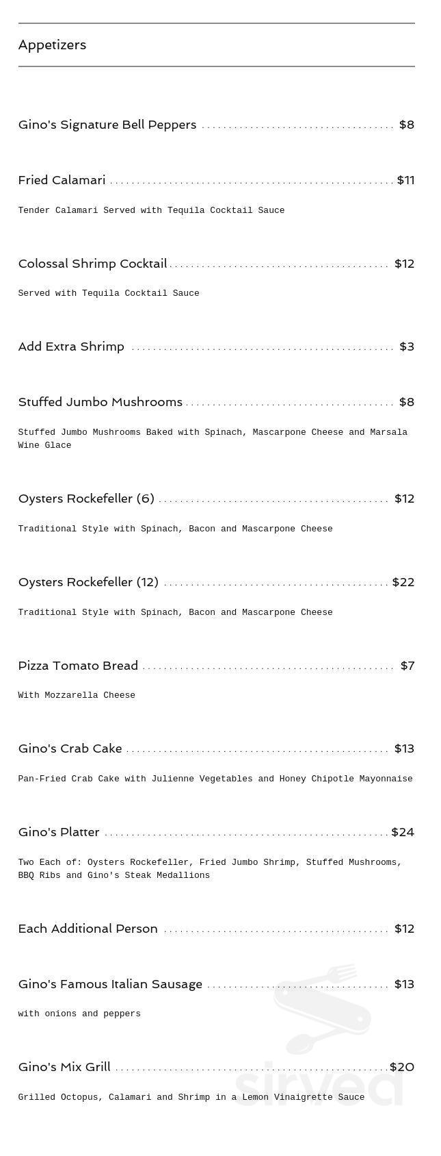 Menu for Gino's Prime & Surf in Dyer, IN | Sirved
