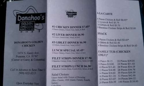 Donahoo's Golden Chicken menu in Pomona, California, USA
