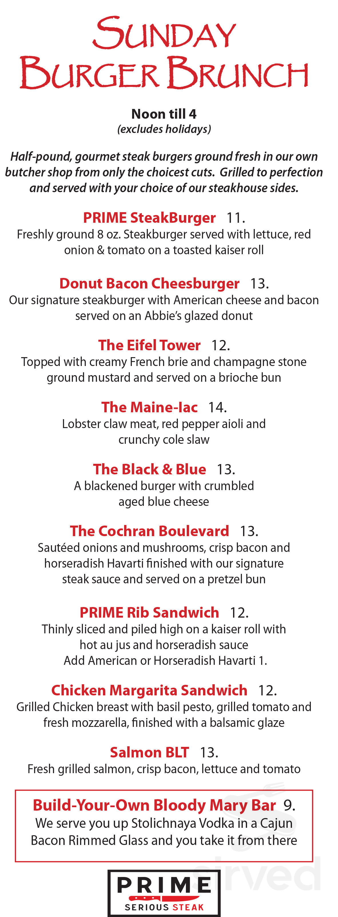 Prime Serious Steak menu in Port Charlotte, Florida, USA