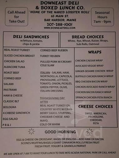 Downeast Deli and Boxed Lunch Co. menus in Bar Harbor, Maine, United States