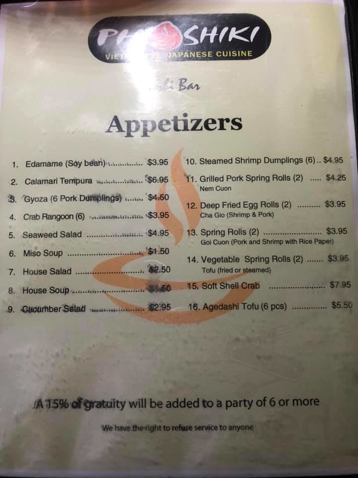 Ph? Shiki menus in Columbus, Indiana, United States