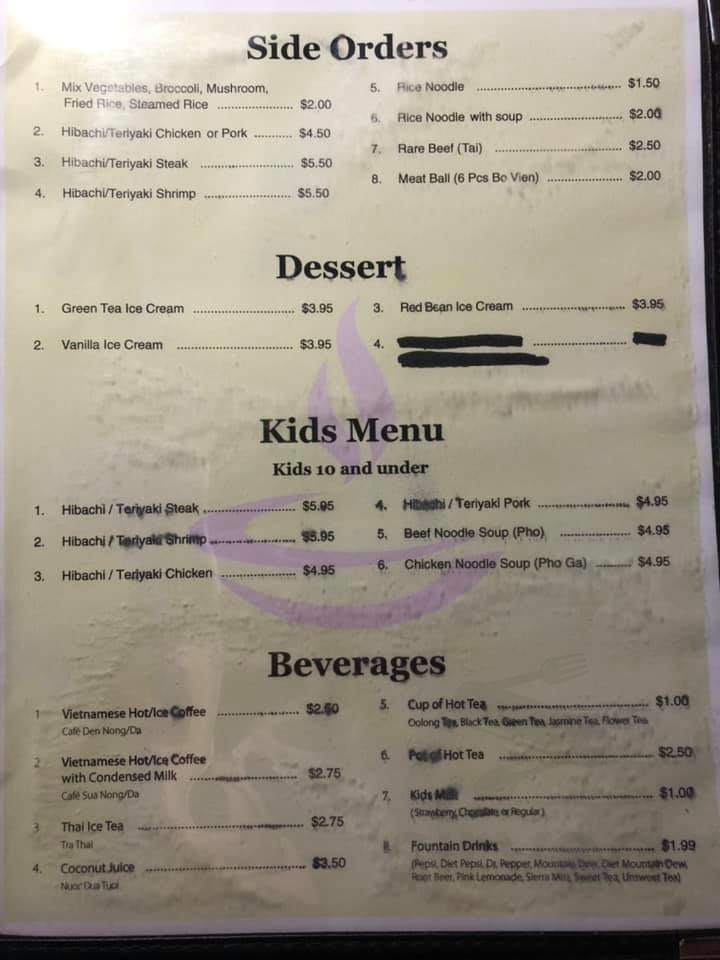 Phở Shiki menu in Columbus, Indiana, USA
