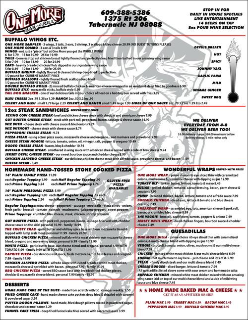 One More Bar & Grill menu in Tabernacle, New Jersey, USA