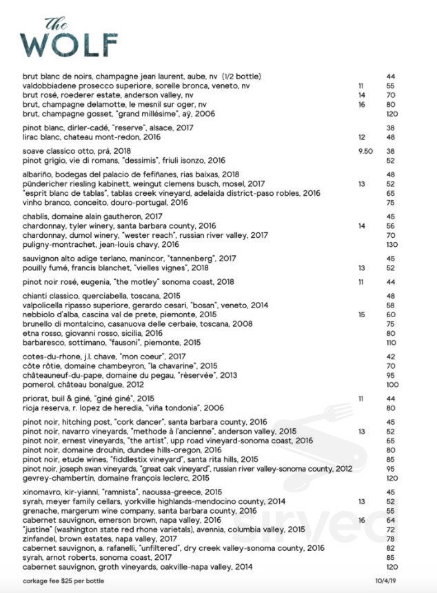 The Wolf menu in Oakland, California, USA
