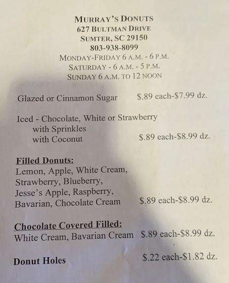 Murray's Donuts menu in Sumter, South Carolina, USA