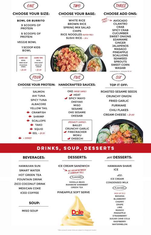 Oke Poke menu in Lake Forest, California, USA