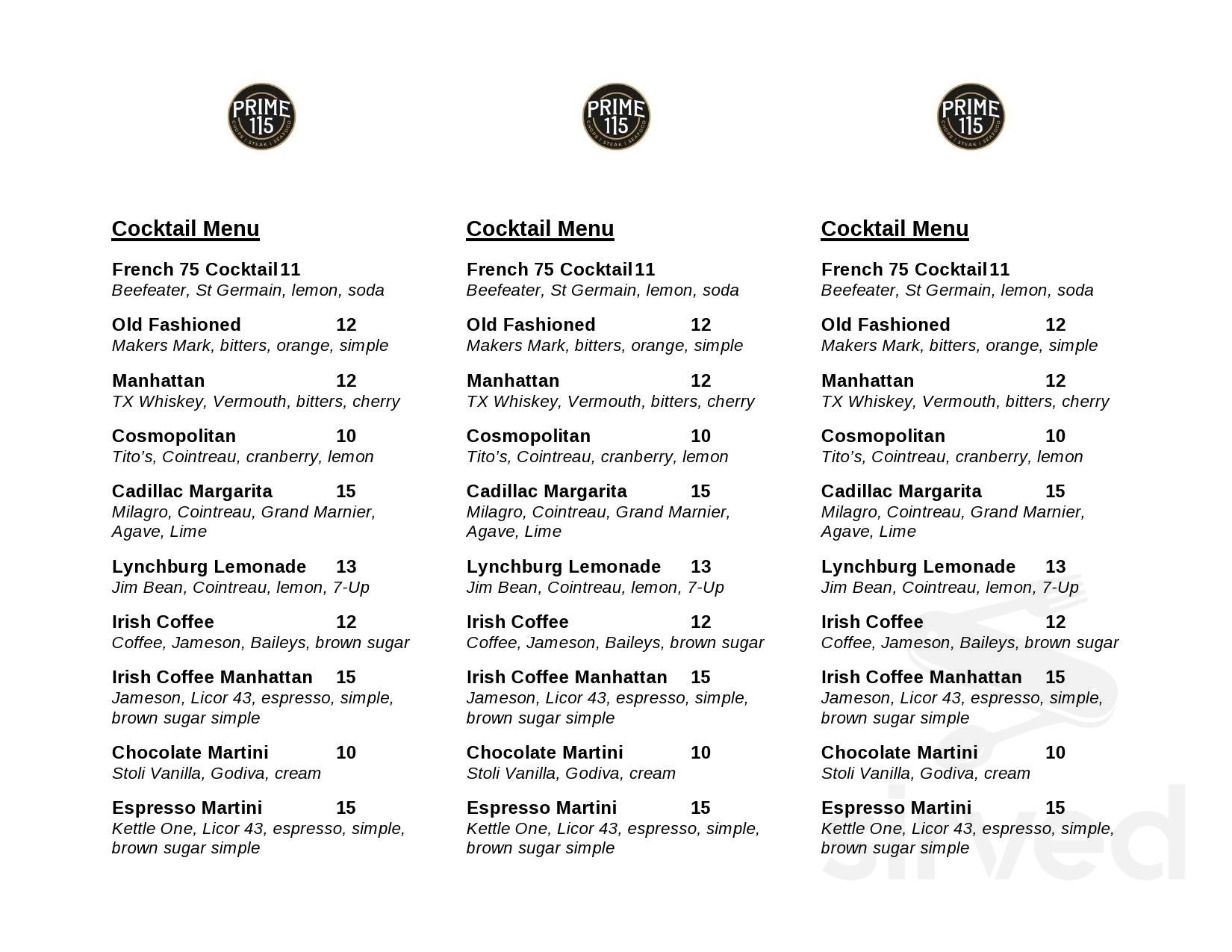 Prime 115 menu in Waxahachie, Texas, USA