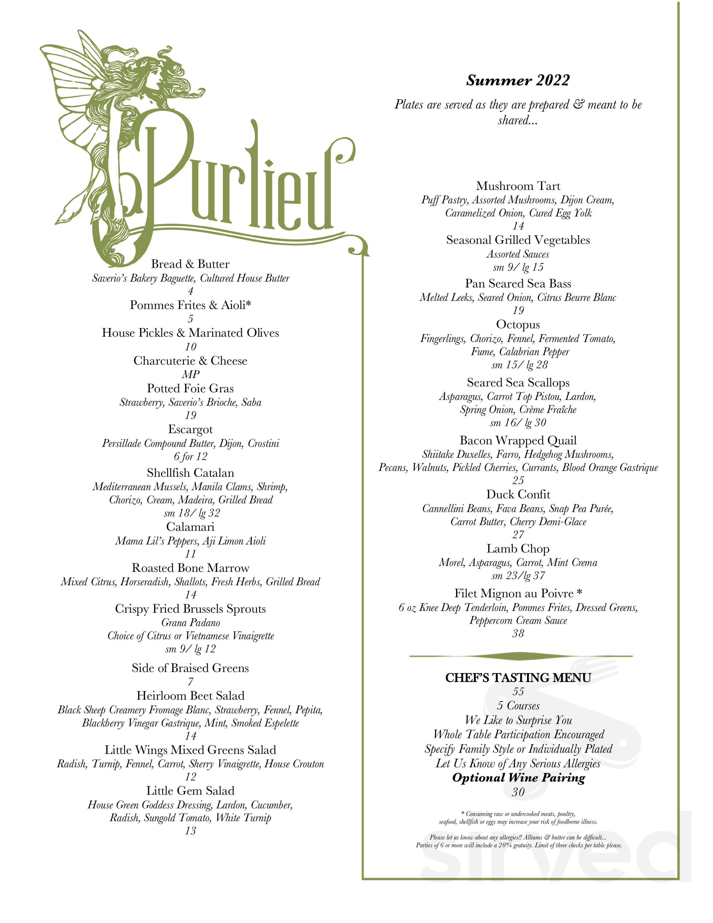 Bar Purlieu menu in Eugene, Oregon, USA