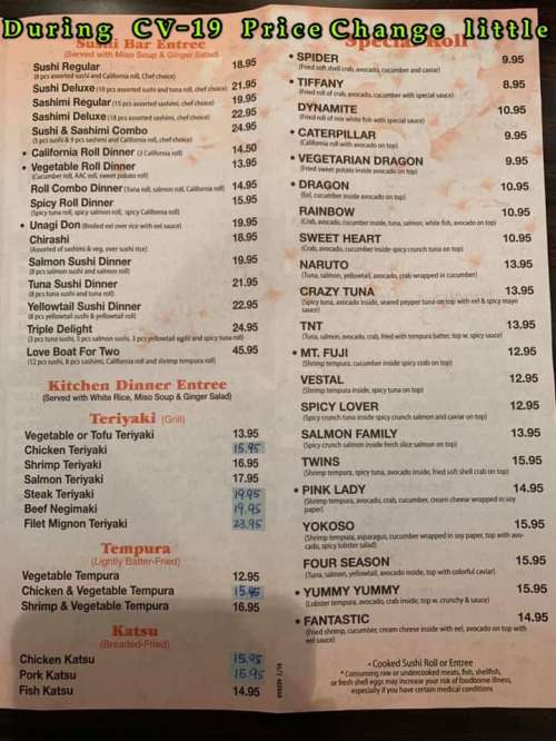 Yokoso Japanese Steakhouse menu in Fredonia, New York, USA