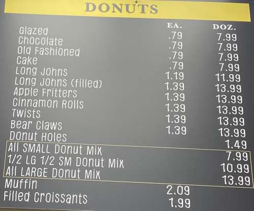 Yummy's Donut Palace menu in Warrensburg, Missouri, USA