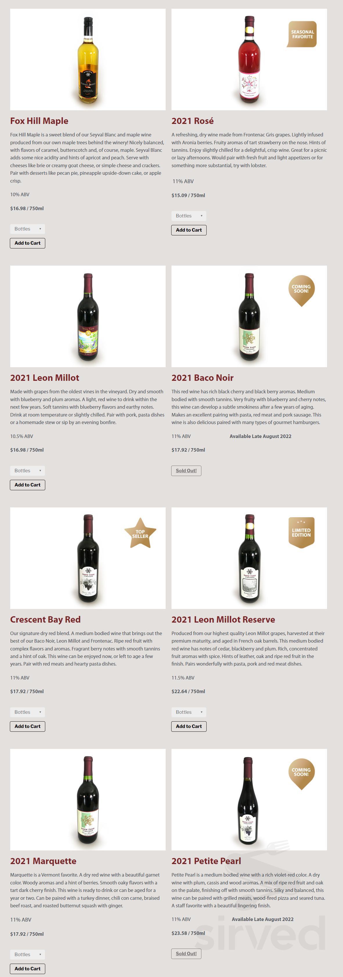 Snow Farm Vineyard & Winery menu in South Hero, Vermont, USA