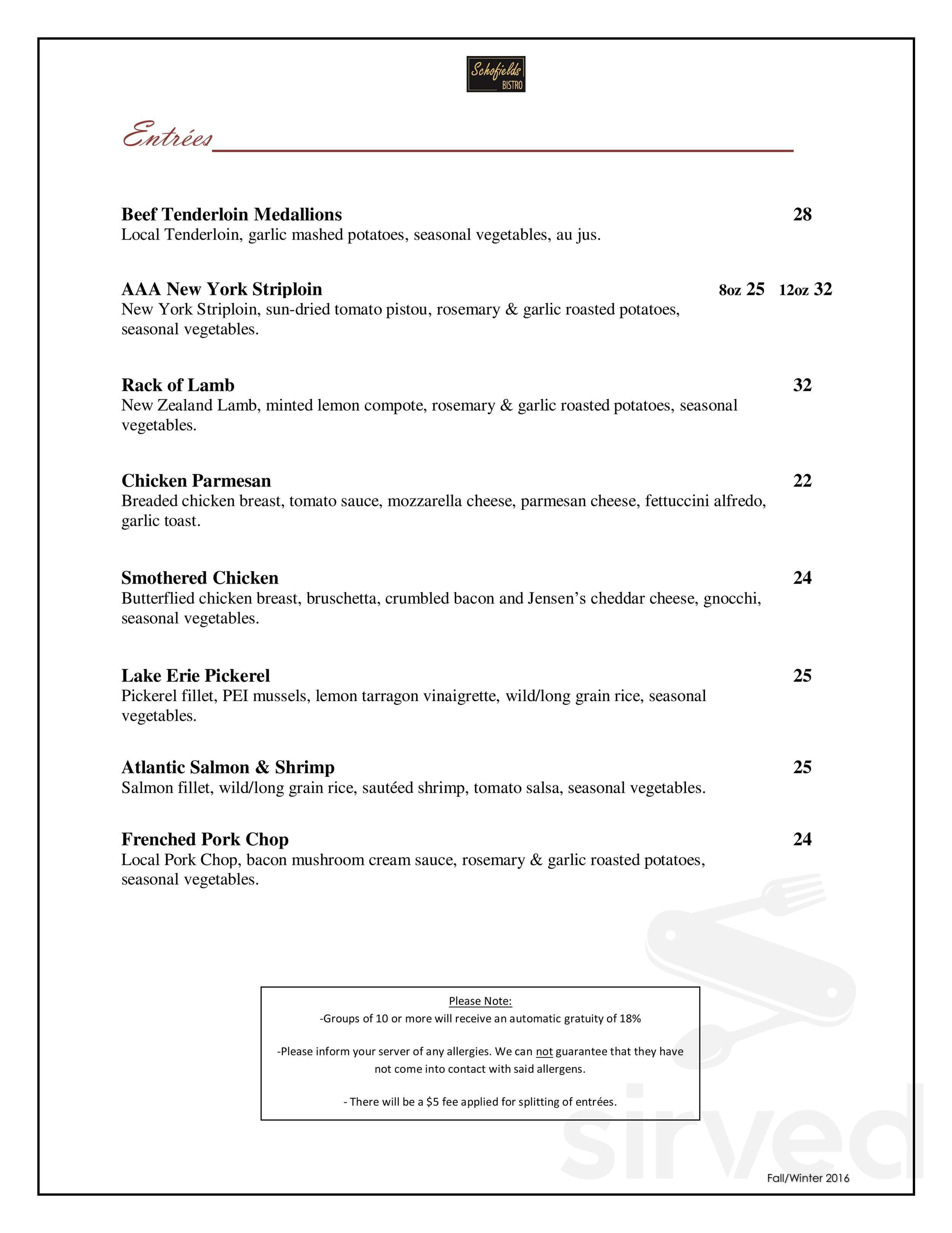 Menu for Schofields Bistro in Port Dover, ON | Sirved