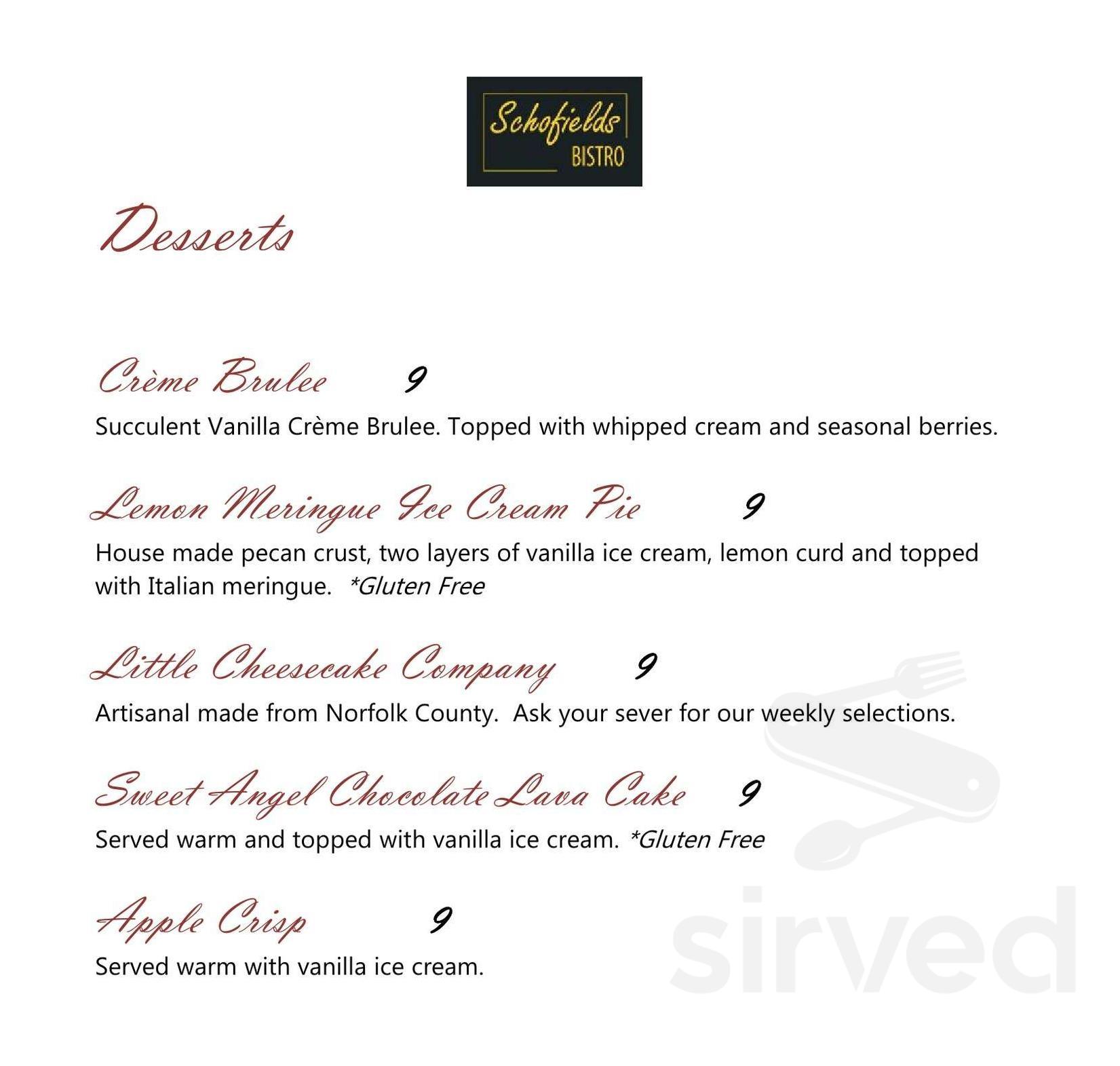 Menu for Schofields Bistro in Port Dover, ON | Sirved