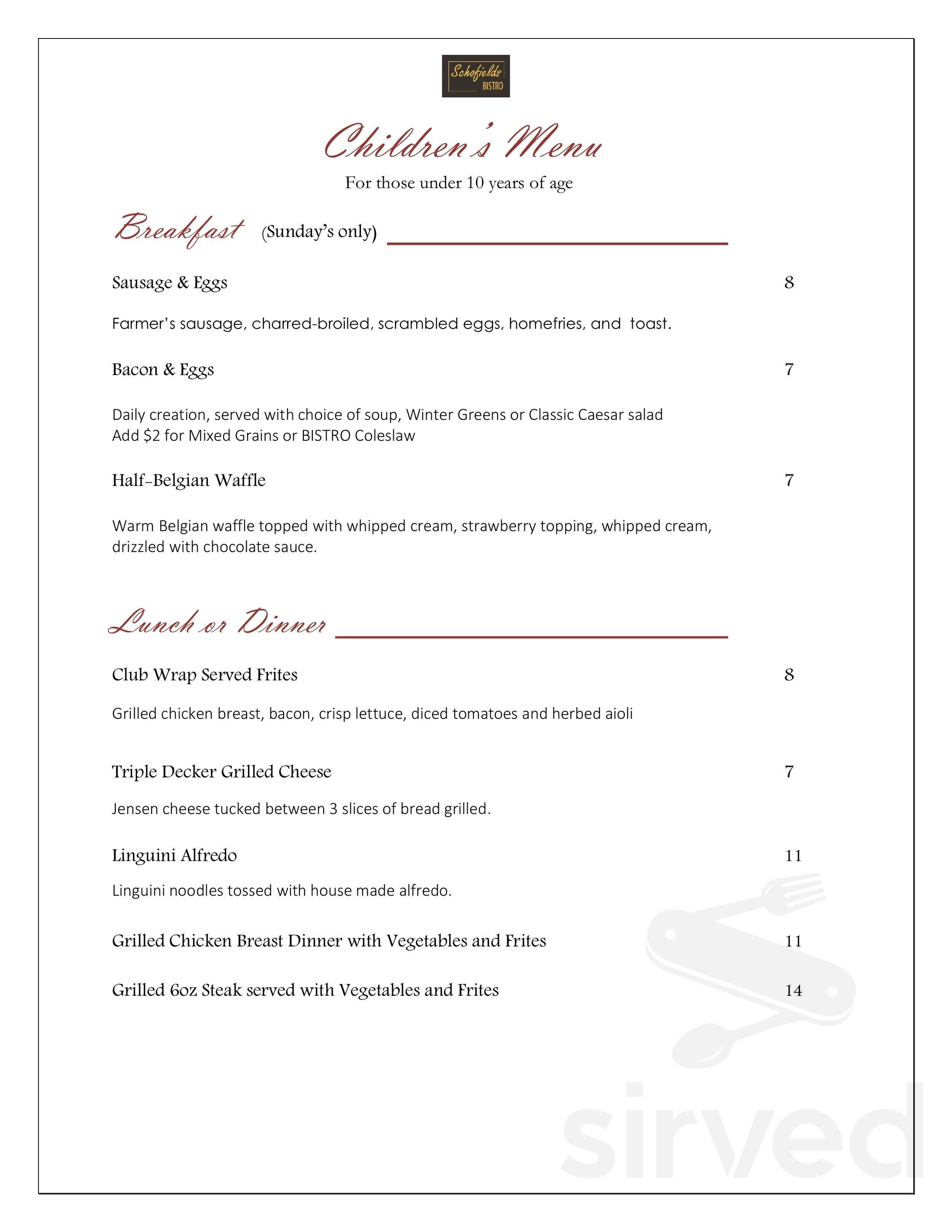 Schofields Bistro menus in Port Dover, Ontario, Canada